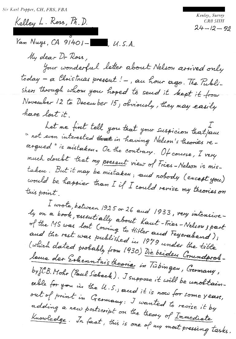 Letter from Karl Popper